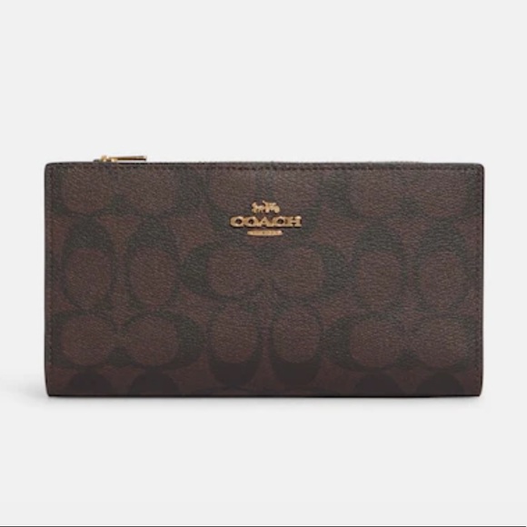 Coach | Bags | Coach Slim Zip Wallet In Signature Canvas Goldbrown ...